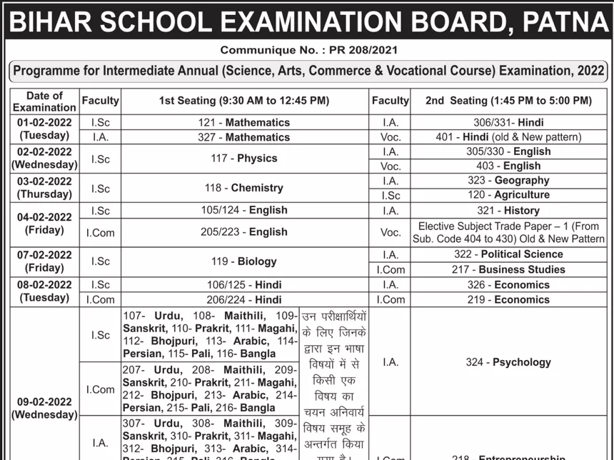 Bihar Board 12th Exam Time Table 2023 - Sarkari Result